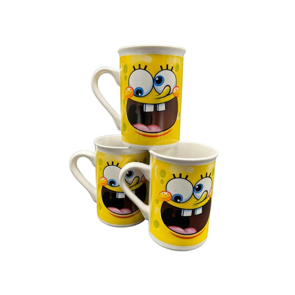 Viacom | Dining | Set Of 3 Spongebob Coffee Mugs Smiling On Front Crazy ...